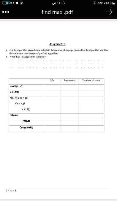 Solved Text Stc Ksa Find Maxpdf Assignment 1 For The Algorithm Given Below Calculate The
