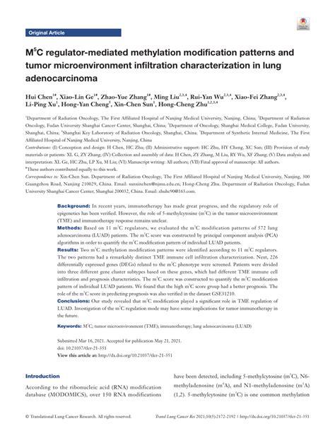 Pdf M5c Regulator Mediated Methylation Modification Patterns And Tumor Microenvironment