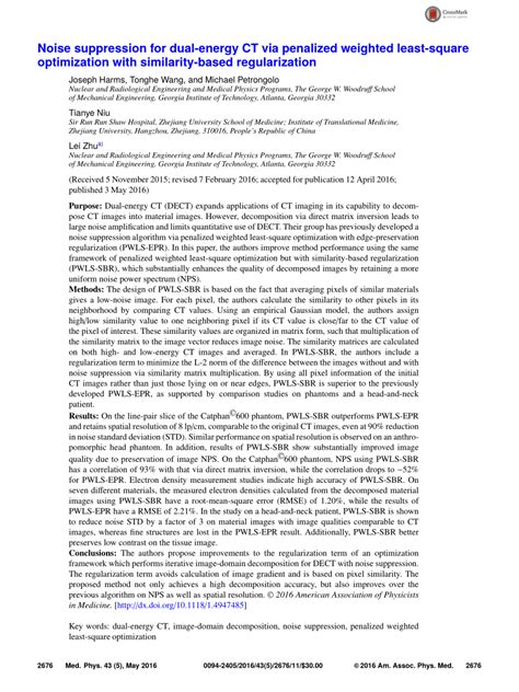 Pdf Noise Suppression For Dual Energy Ct Via Penalized Weighted Least Square Optimization With