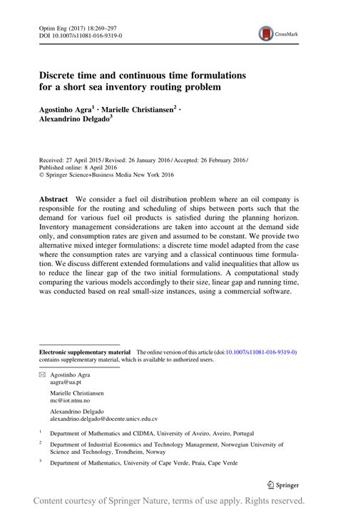 Discrete Time And Continuous Time Formulations For A Short Sea Inventory Routing Problem