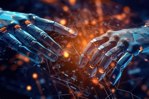 Hands Of Robot And Human Touching On Big Data Network Connection Background Generative Ai Stock