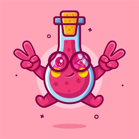 Cute Flask Glass Character Mascot With Peace Sign Hand Gesture Isolated Cartoon In Flat Style