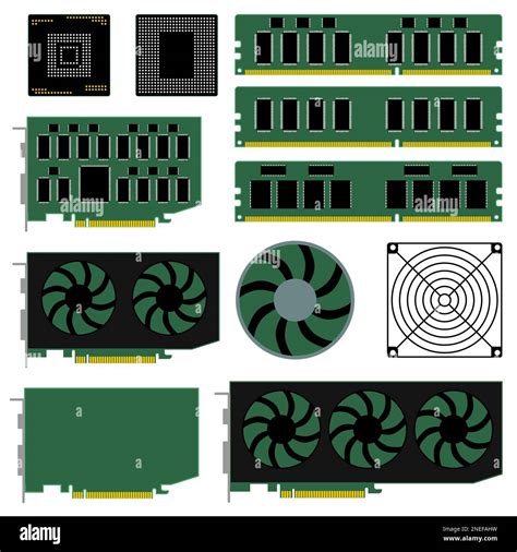 Set Of PC Hardware And Computer Parts Isolated On White Background CPU Video Graphics Card