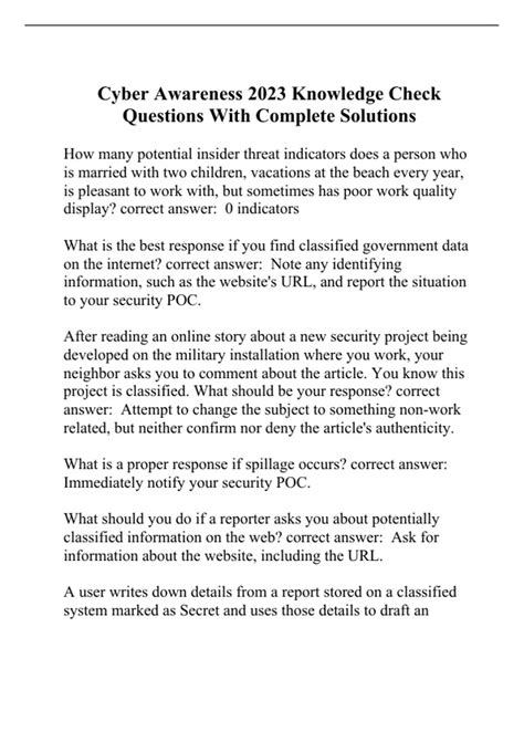 Cyber Awareness 2023 Knowledge Check Questions With Complete Solutions Cyber Awareness