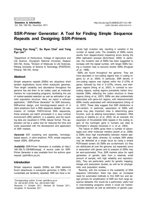 Pdf Ssr Primer Generator A Tool For Finding Simple Sequence Repeats