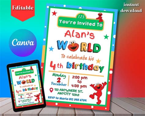 Printable Elmo Birthday Invitation Canva Birthday Template Inspire Uplift