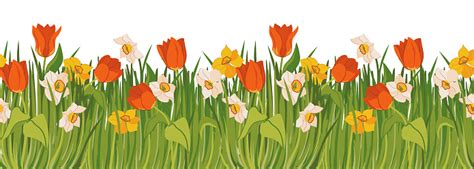 봄 꽃과 푸른 잔디와 벡터 완벽 한 패턴 초원에 빨간 튤립 노란색과 흰색 수선화 바닥에 식물이 있고 텍스트를 위한 공간이 있는