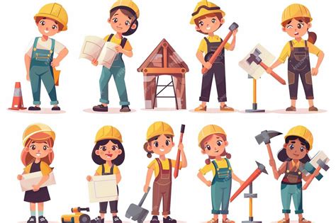건설 노동자 의 옷 을 입은 어린이 들 프리미엄 Ai 생성 벡터