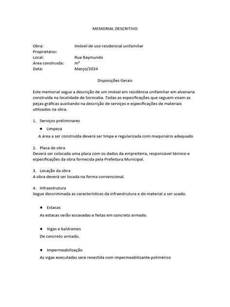Memorial Descritivo De Obra Pdf Argamassa Alvenaria Alvenaria