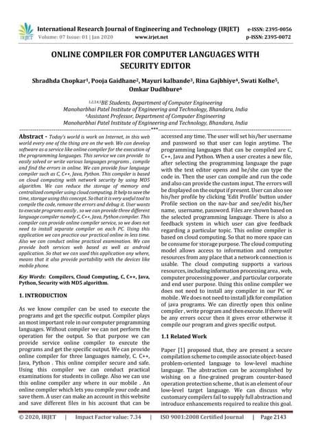Irjet Online Compiler For Computer Languages With Security Editor Pdf