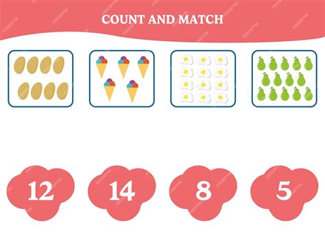 숫자를 세고 짝을 맞추는 어린이를 위한 교육용 수학 게임 미취학 아동을 위한 인쇄 가능한 워크시트 디자인 프리미엄 벡터