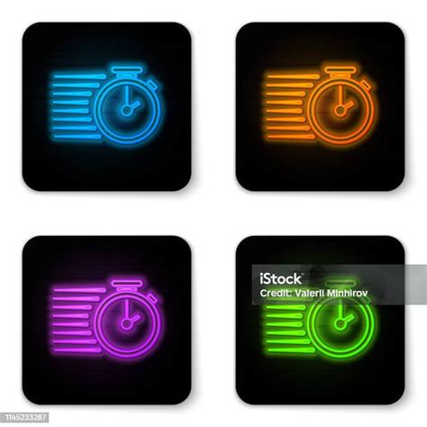 빛나는 네온 스톱 워치 아이콘 흰색 배경에 고립입니다 시간 타이머 기호입니다 검은색 사각형 단추입니다 벡터 일러스트 0명에 대한 스톡 벡터 아트 및 기타 이미지 Istock