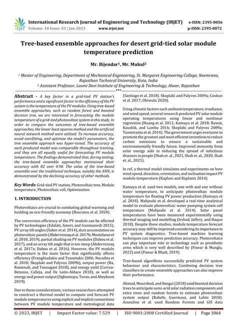 Tree Based Ensemble Approaches For Desert Grid Tied Solar Module Temperature Prediction By Irjet