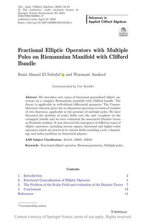Fractional Elliptic Operators With Multiple Poles On Riemannian Manifold With Clifford Bundle