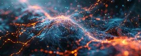 Abstract Digital Landscape With Glowing Orange And Blue Network Connections Stock Illustration