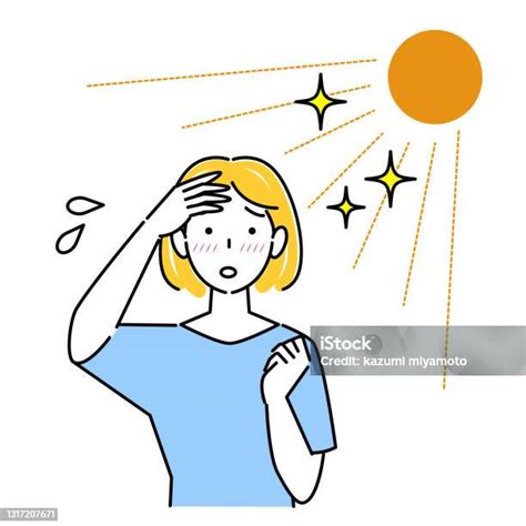 여름 햇살에 피부를 무두질하고 따끔거리는 피부는 뜨겁고 땀이 나는 일러스트레이션 심플 벡터 여름 햇살에 햇볕에 햇볕에 화상을 입기 위해 피부가 따끔거리는 여자 그것은 뜨겁고