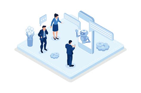 스마트폰에서 챗봇과 대화하는 고객 로봇과 채팅하고 질문하고 답변을 받는 캐릭터 Ai 어시스턴트 지원 및 Faq 개념 아이소메트릭