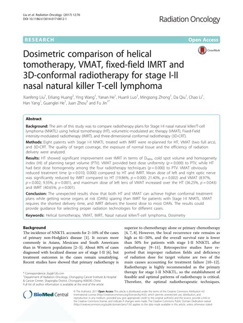 Pdf Dosimetric Comparison Of Helical Tomotherapy Vmat Fixed Field Imrt And 3d Conformal
