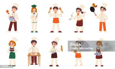 요리하는 어린이 요리사 셰프 유니폼을 입은 고립된 아이들이 빵을 굽는다 부엌에 유치한 작업장 음식을 하는 귀여운 꼬마들 아늑한 벡터 세트 서비스에 대한 스톡 벡터 아트 및