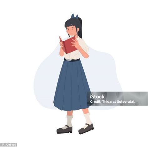 귀여운 타이 학생 소녀의 전체 길이는 걷는 동안 교과서를 읽는 데 중점을 둡니다 독서 개념 벡터 일러스트 레이 션 걷기에 대한 스톡 벡터 아트 및 기타 이미지 Istock