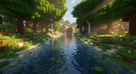 Blocky Pixelated Scene Depicting A Tranquil River Flowing Through A Lush Virtual Stock