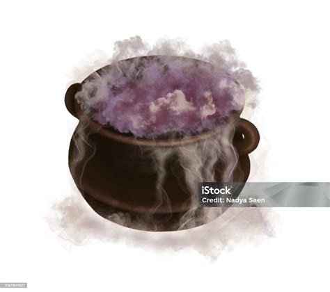 만화 스타일의 부글부글 끓는 보라색 물약이 있는 가마솥 손으로 그린 할로윈 어두운 마녀 김 냄비 마법 그림 가을 그래픽과 으스스한 계절 디자인을 위한 고립된 그림 10월에