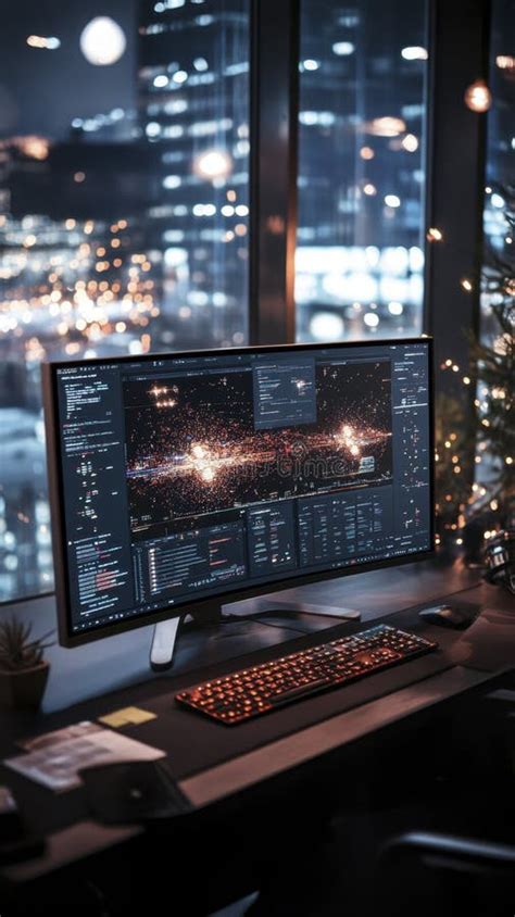 Nighttime Workspace With High Tech Monitor Displaying Vibrant Data Visualizations Against A City