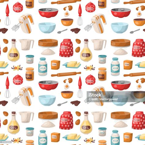 요리 재료 주방 용품 수 제 음식 준비 베이커 원활한 패턴 배경 벡터 일러스트 레이 션 준비 생 과자 굽기 음식 재료에 대한 스톡 벡터 아트 및 기타 이미지 Istock
