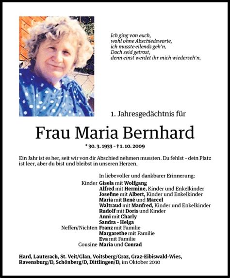 Todesanzeigen Von Maria Bernhard Todesanzeigen Vorarlberger Nachrichten