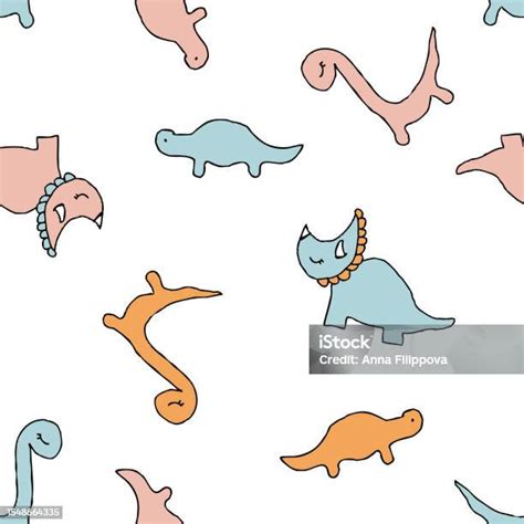 귀여운 트리케라톱스 디플로도쿠스 브라키오사우루스 공룡 매끄러운 패턴 티 종이 직물 및 직물을 위한 유치한 인쇄 장식과 디자인을 위한 간단한 벡터 그림입니다 T 셔츠에 대한