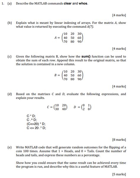 Solved 1 A Describe The Matlab Commands Clear And Whos
