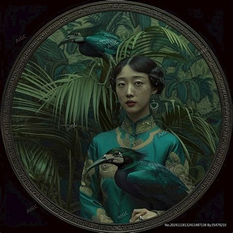 Ai创作图宫廷系列人物插画 宫廷风插画 新中式美女 仕女持镜 新中式鸟 墨绿中式 清朝美人插画 新中式女孩 花鸟洋房主形象 大气宫廷风插画 Cgi艺术品 照片工笔画 铜镜墙面装饰画 宫廷仕女