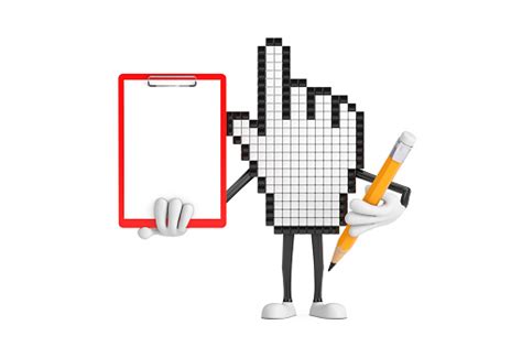 픽셀 핸드 커서 마스코트 사람 캐릭터 빨간색 플라스틱 클립 보드 종이 및 연필 3d 렌더링 검색에 대한 스톡 사진 및 기타