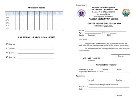 Sf 9 Es Learners Progress Report Card Grades 6 Front Pdf