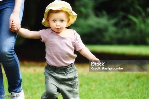 화창한 늦은 여름날 공원에서 산책을 즐기는 태양 모자를 쓴 귀여운 건방진 20 개월 된 유아는 엄마와 손을 잡고 카메라를 바라 봅니다 2 3 살에 대한 스톡 사진 및 기타