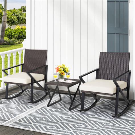 3 Piece Patio Wicker Rocking Chairs Set With Heavy Duty Metal Frame