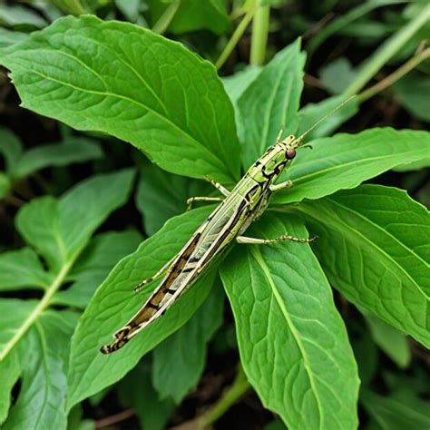 A Grasshopper Is On A Leaf With Other Plants Premium Ai Generated Image