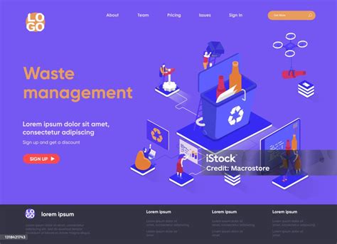 폐기물 관리 등대 방문 페이지입니다 가비지 활용 폐기물 수거 및 분류 Isometry 웹 페이지의 제어 및 관리 웹 사이트 플랫 벡터 일러스트와 사람 문자 개념에 대한 스톡