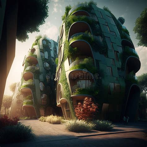 Futuristic Green Architecture With Curved Buildings And Lush Vegetation