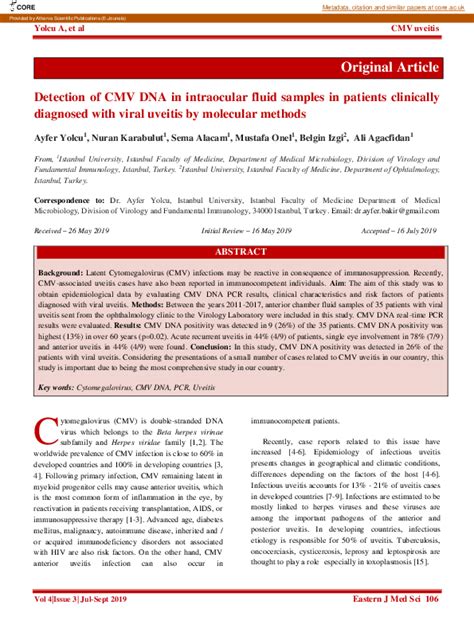 Pdf Detection Of Cmv Dna In Intraocular Fluid Samples In Patients Clinically Diagnosed With
