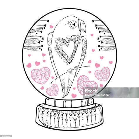 벡터 윤곽선 스노우 글로브 또는 흰색 배경에 고립 된 검정과 파스텔 핑크 마음에 귀여운 앵무새 눈덩이 0명에 대한 스톡 벡터 아트 및 기타 이미지 Istock