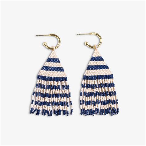 James Mini Gold Hoop Two Tone Stripes Beaded Fringe Earrings Navy Ink