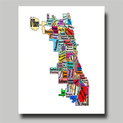 Chicago Map Print Poster Neighborhoods Etsy