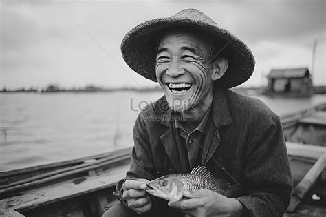 물고기를 들고 밀짚 모자를 쓰고있는 남자