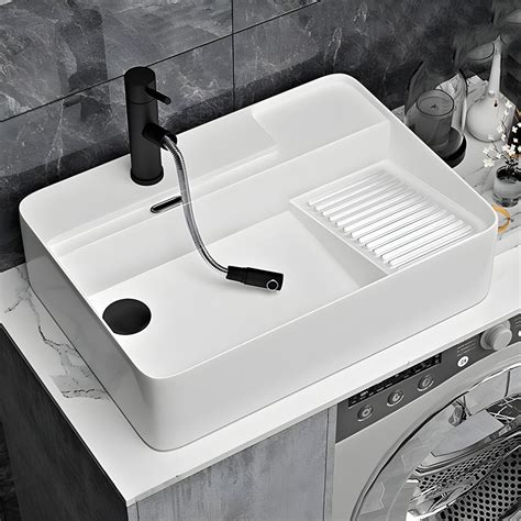 Contemporary Rectangular Porcelain Vessel Sink With Washboard And