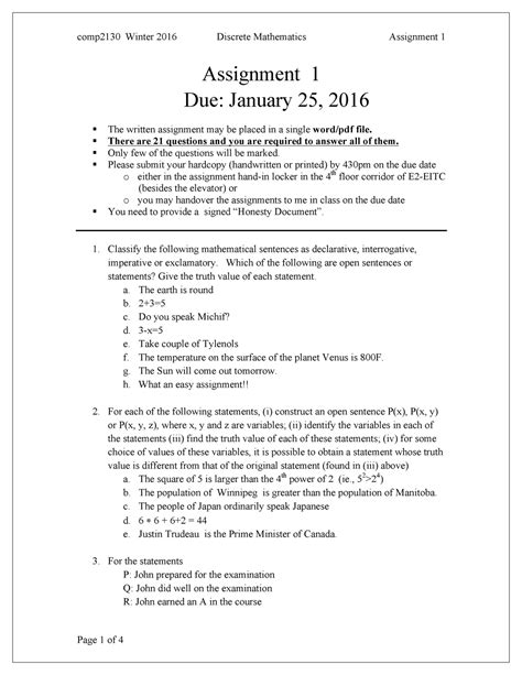 Seminar Assignments Assignment 1 Comp2130 Winter 2016 Discrete