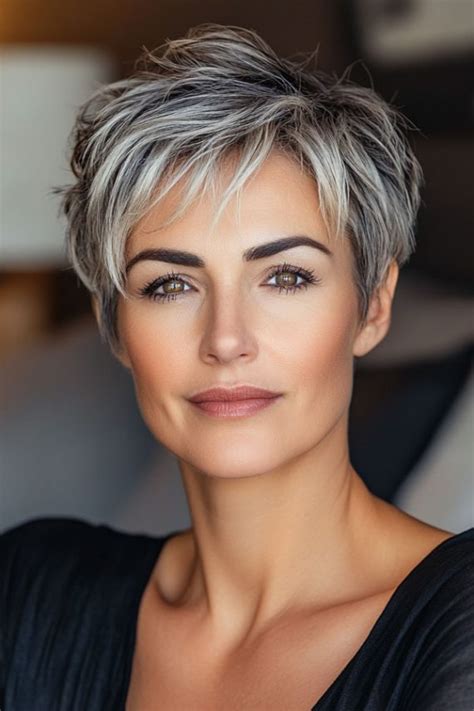 50 Pixie Hair Colour Ideas For Women Over 50 Textured Silver Pixie With Dark Roots