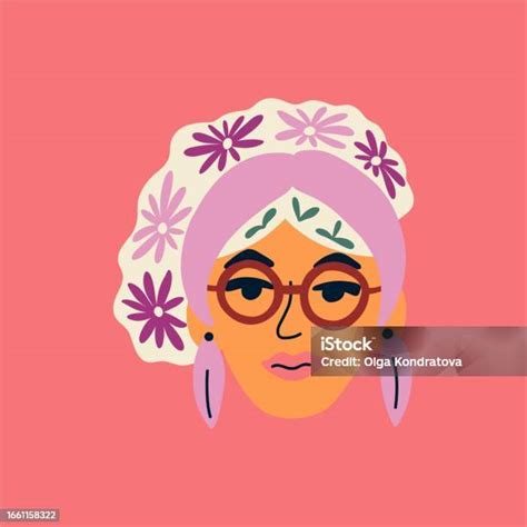 머리띠와 카모마일을 가진 여자의 초상화 유럽 여성 캐릭터의 아바타 엽서 포스터 소셜 네트워크에 대한 벡터입니다 정신 건강과 심리학의 개념 개인 장식품에 대한 스톡 벡터 아트