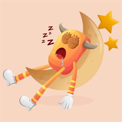 달에서 잠자는 귀여운 오렌지 괴물 프리미엄 벡터