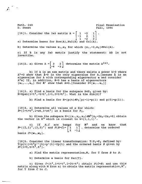 problems introduction to linear algebra final examination math